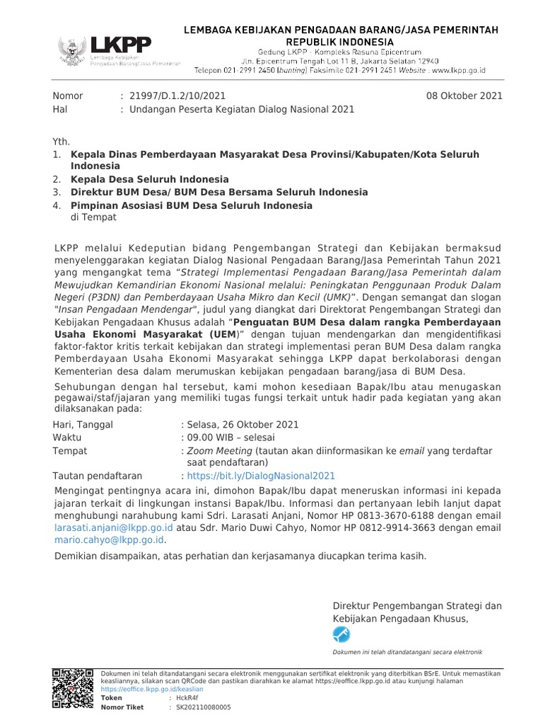 Surat Undangan Peserta - Kepala DPMD, Kepala Desa, BUM Desa (Full) | PDF