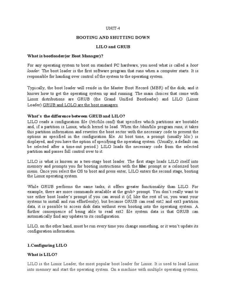 Booting and Shutting Down Lilo and Grub What Is Bootloader (Or Boot ...