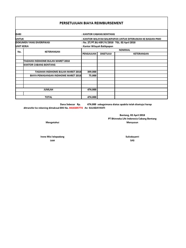 Persetujuan Biaya Reimbursement Bontang | PDF