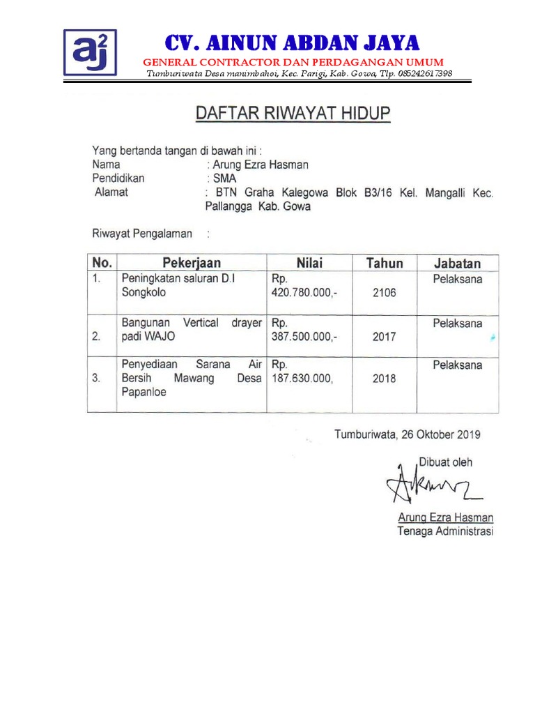 CV AINUN - Daftar Isian Personel Dan Pengalaman | PDF