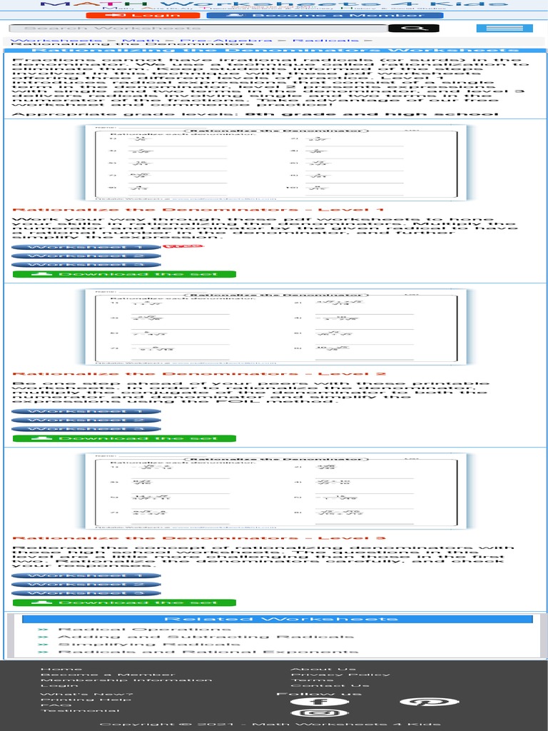 Rationalizing The Denominators Worksheets | PDF