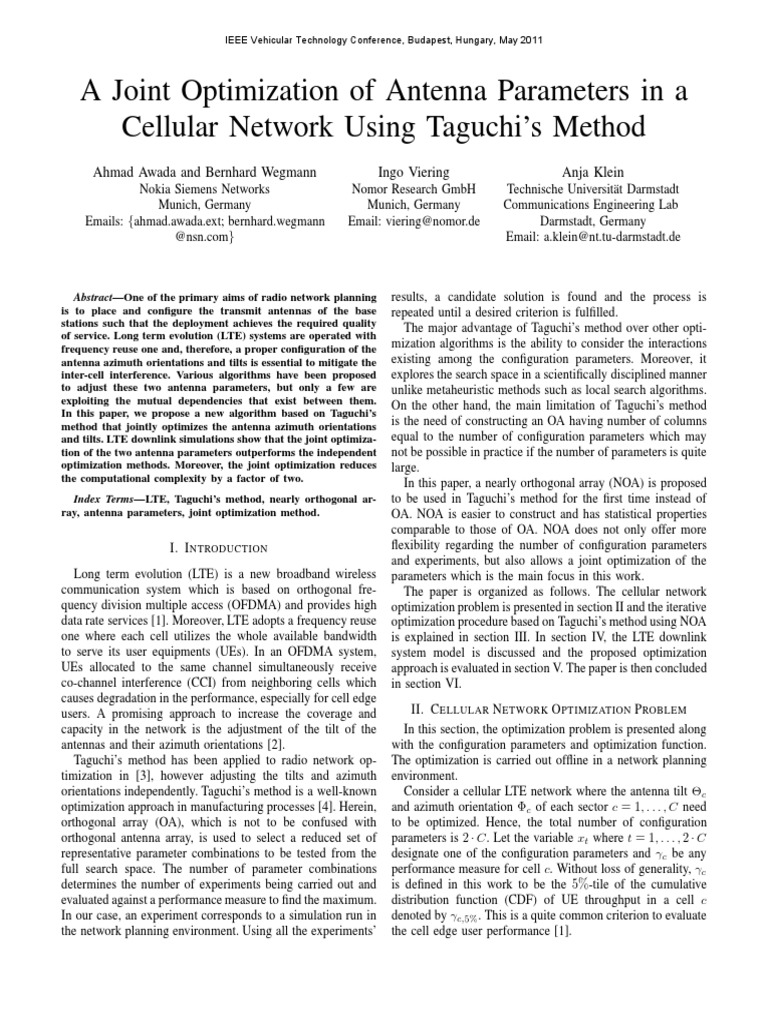 A Joint Optimization Of Antenna Parameters In A Cellular Network Using Taguchis Method Pdf