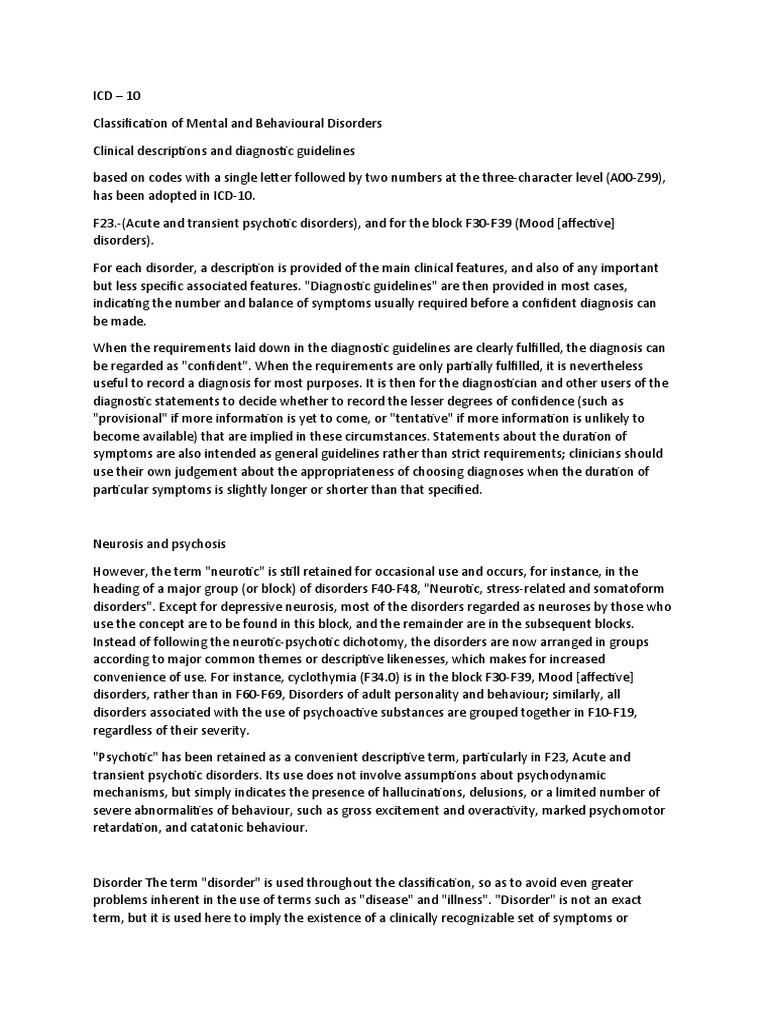 Icd 10 | PDF | Neurosis | Psychosis