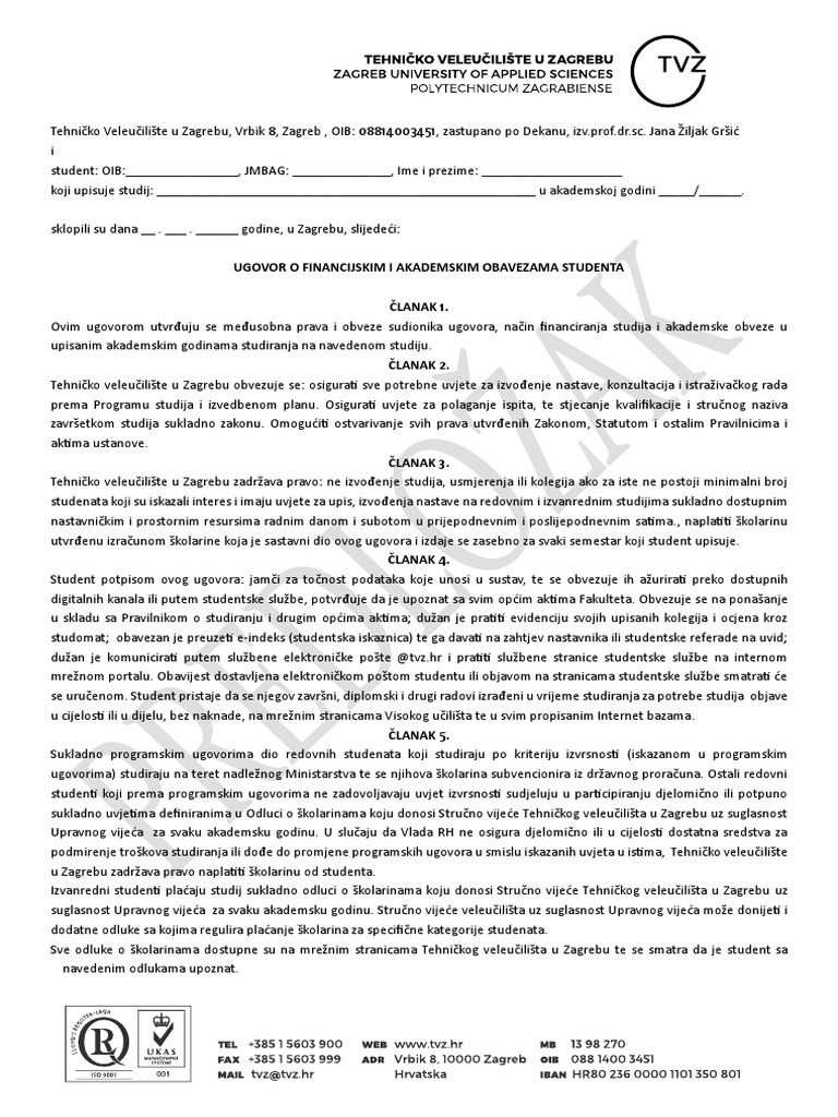 Ugovor o Studiranju | PDF