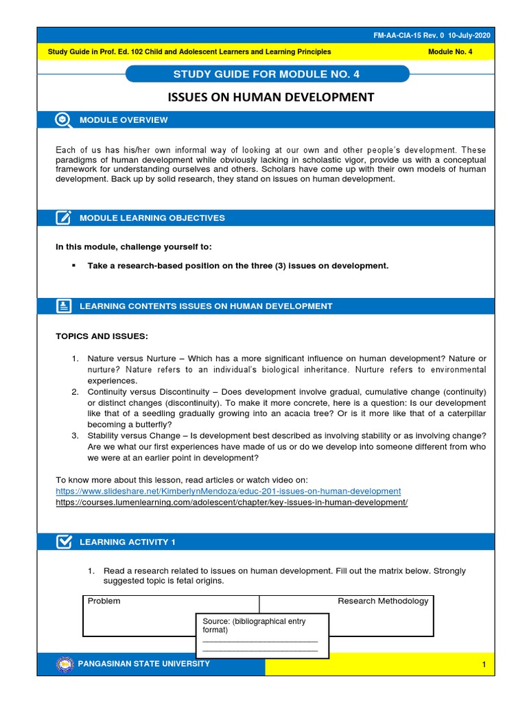 Issues On Human Development: Study Guide For Module No. 4 | PDF ...