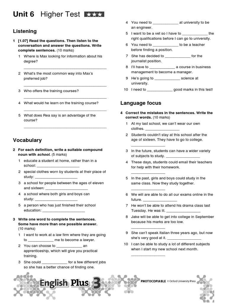 Unit 6 Higher Test: Listening | PDF | Schools | Test (Assessment)