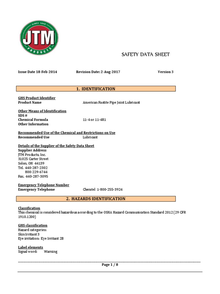 Fastite Joint Lubricant SDS | PDF | Toxicity | Personal Protective ...