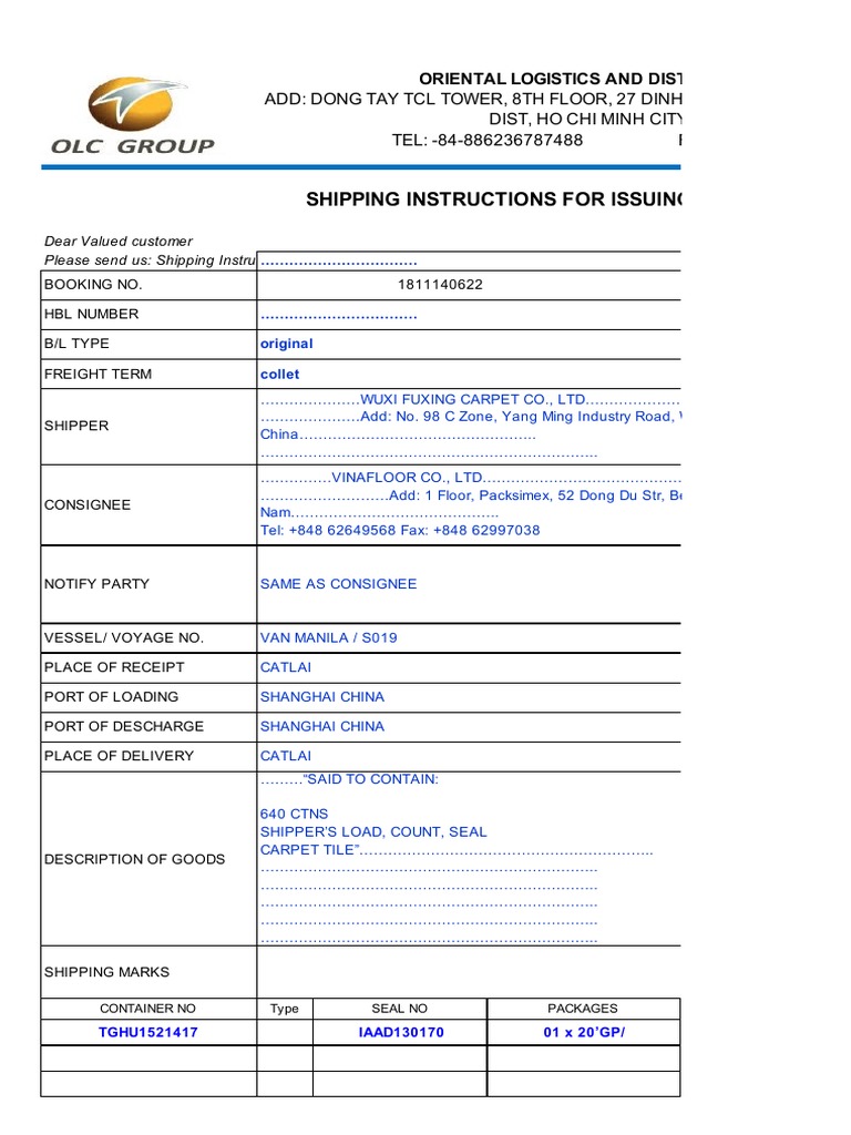 Shipping Instructions For Issuing HBL | PDF | Vietnam