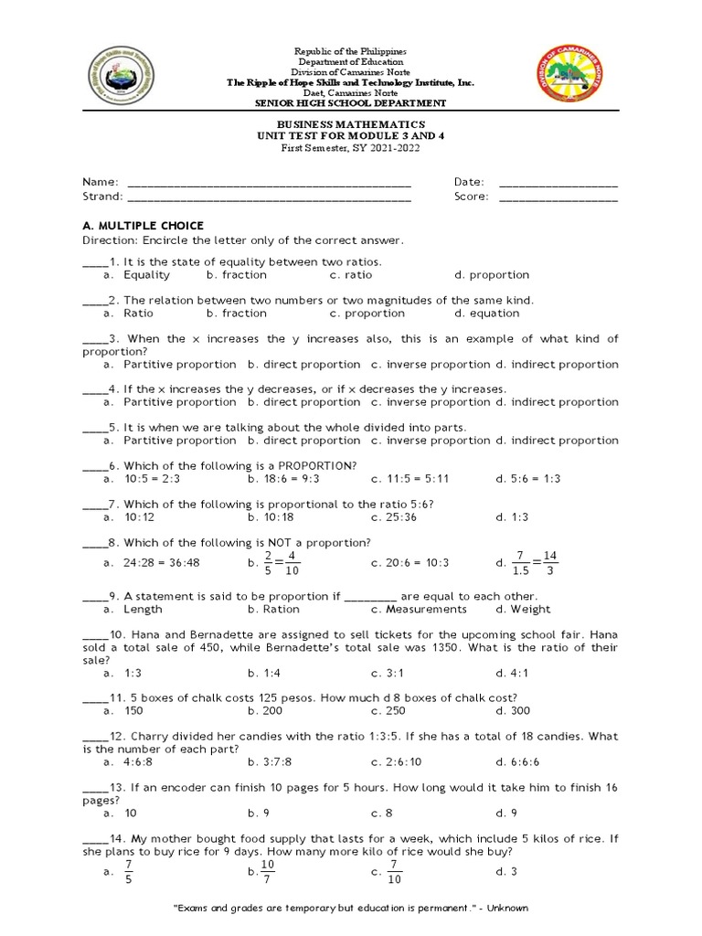 A. Multiple Choice: Business Mathematics Unit Test For Module 3 and 4 ...