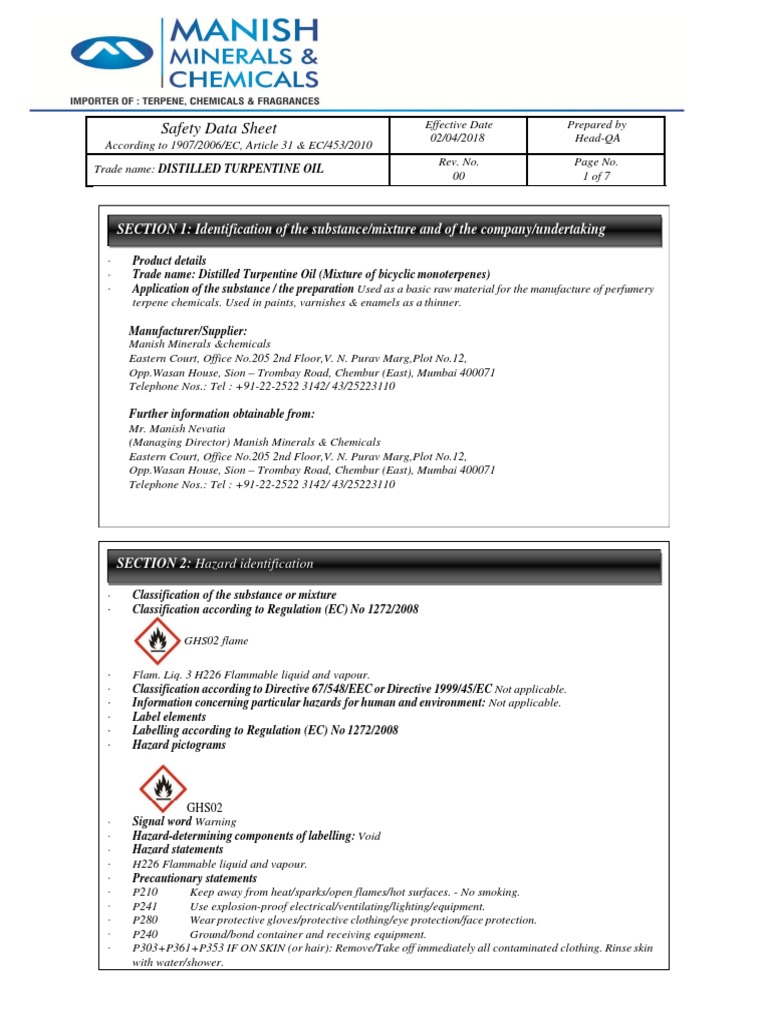 MSDS Distilled Turpentine Oil | PDF | Personal Protective Equipment ...