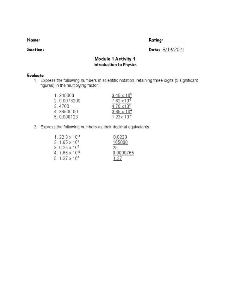 Physics Module 1 Activity 1 Introduction to Scientific Notation and Unit Conversions | PDF ...