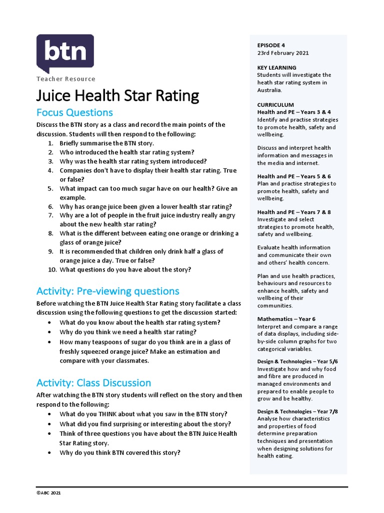 Juice Health Star Rating – Teacher Resource (PDF) Data | PDF | Sucrose ...