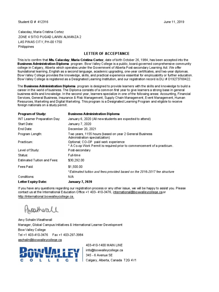 Letter of Acceptance | PDF | Fee