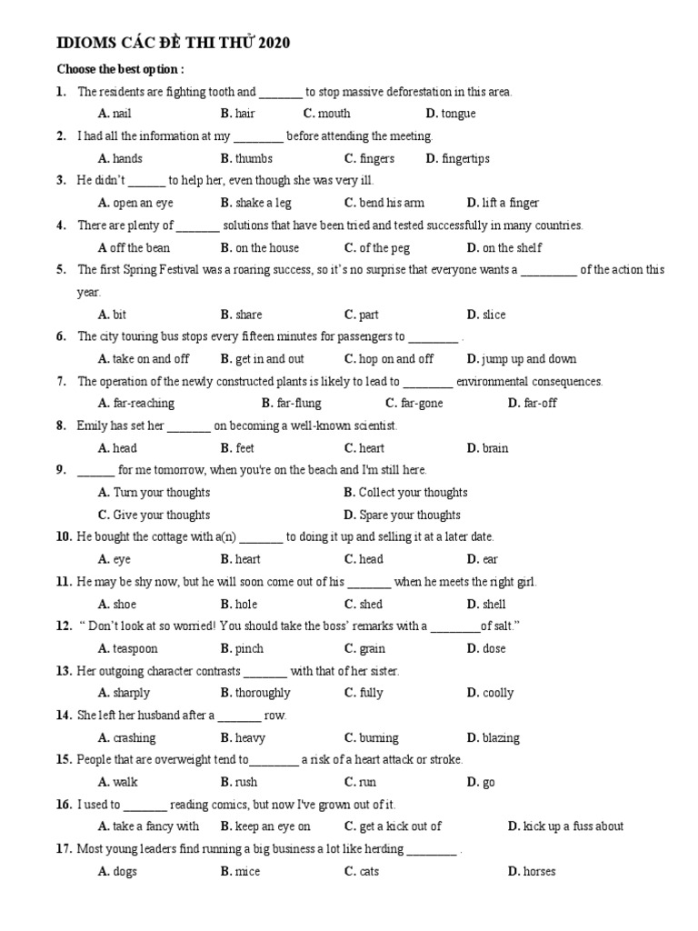2020 Idioms Practice Test Questions | PDF