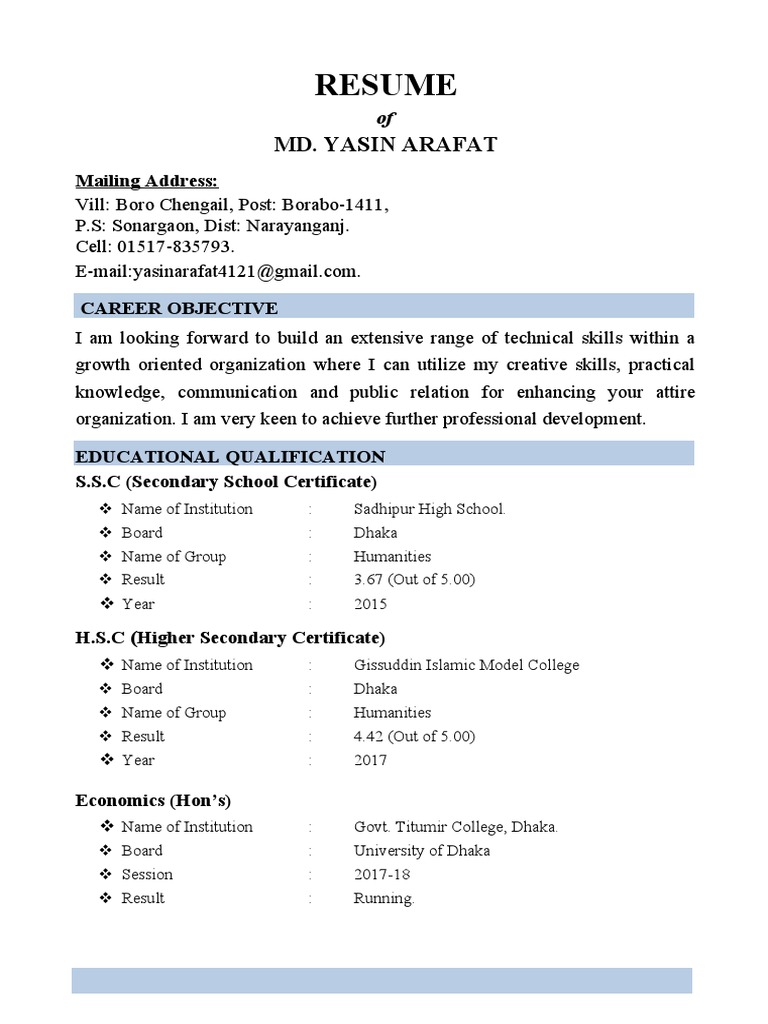 CV Yasin Arafat | Download Free PDF | Communication | Cognition