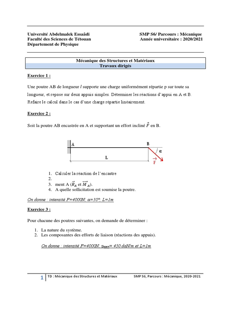 TD Mecanique Des Structute 2021 | PDF | Flexion (matériau) | Mécanique