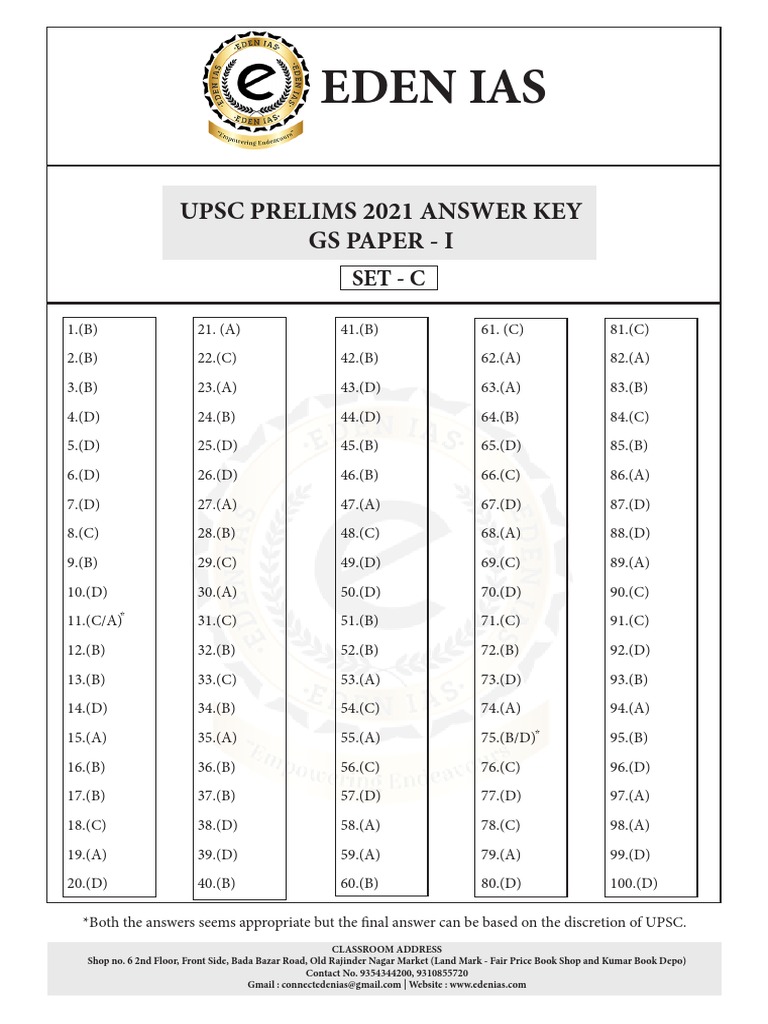 UPSC Prelims 2021 Answer Key Set C | PDF