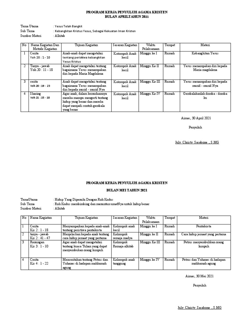 Program Kerja Penyuluh Agama Kristen Benar | PDF