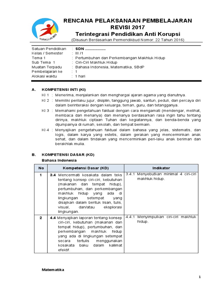 RPP KLS 3 Tema 1 ST 1 | PDF