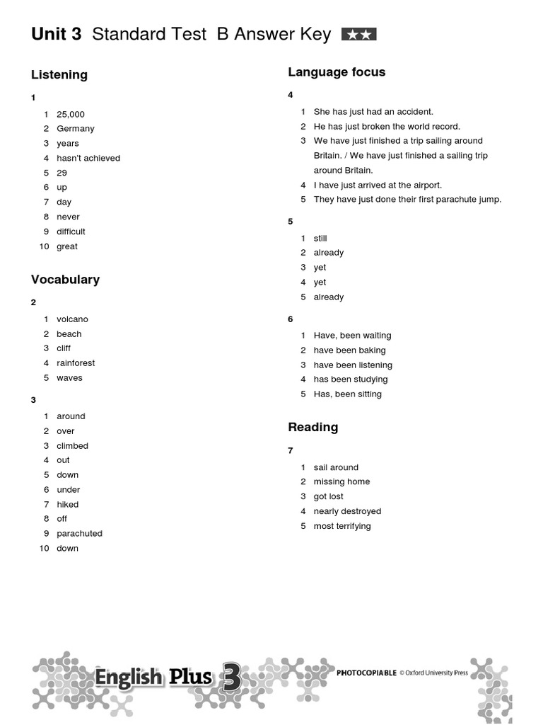 Unit 3 Standard Test B Answer Key: Listening Language Focus | PDF