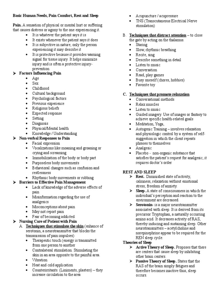 Basic Human Needs, Pain, Comfort, Rest and Sleep | PDF | Sleep | Rapid ...