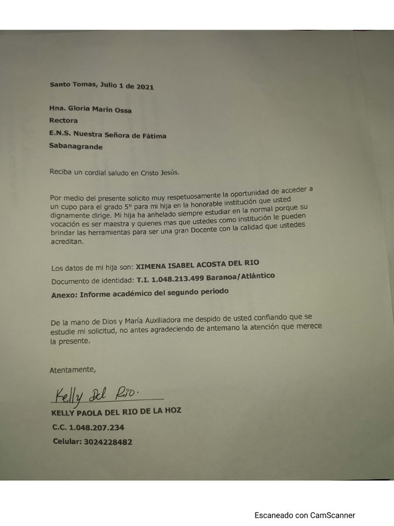 Carta de Solicitud de Cupo | PDF