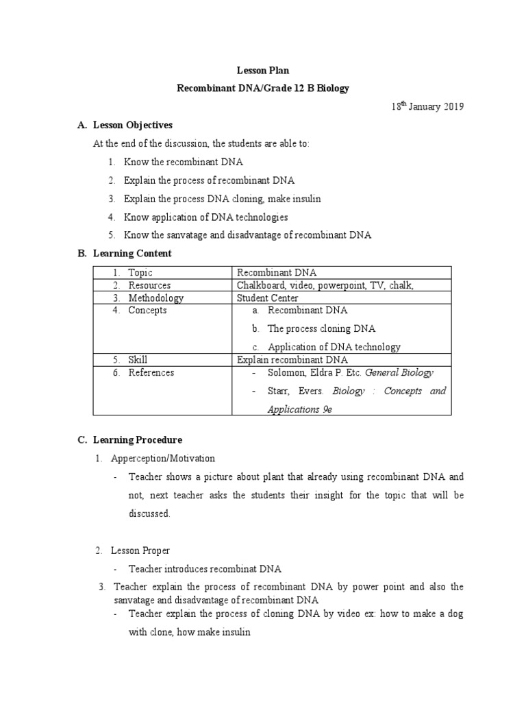Grade 12 Recombinant DNA Lesson Plan | PDF | Genetics | Genetic Engineering