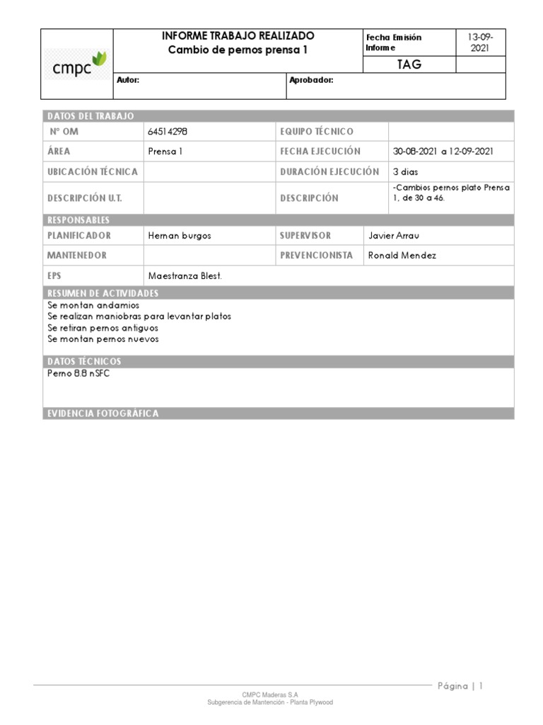 Informe Cambio de Pernos p1 | PDF