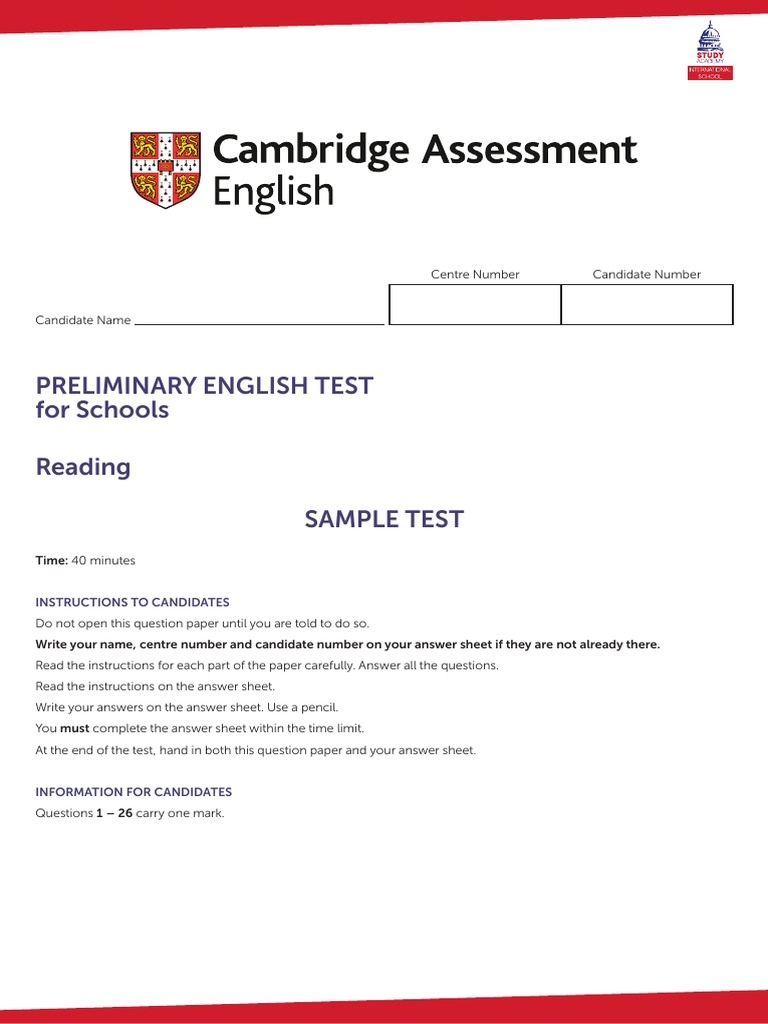 Preliminary English Test For Schools Reading Sample Test: Instructions ...