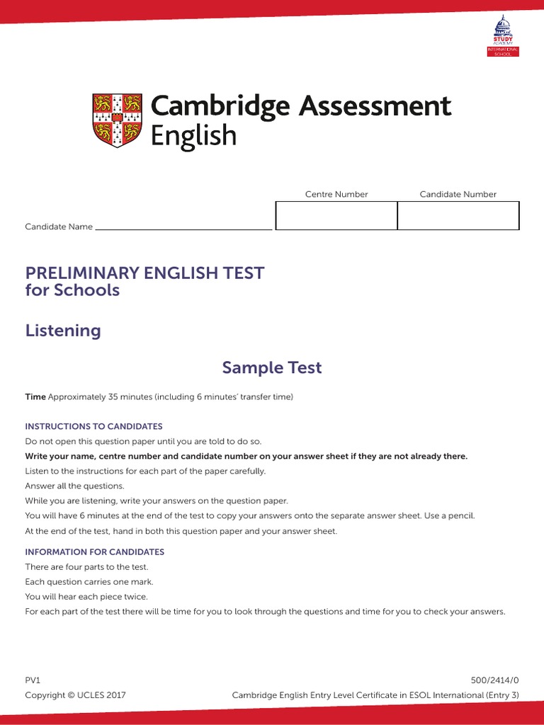 Preliminary English Test For Schools Listening Sample Test ...
