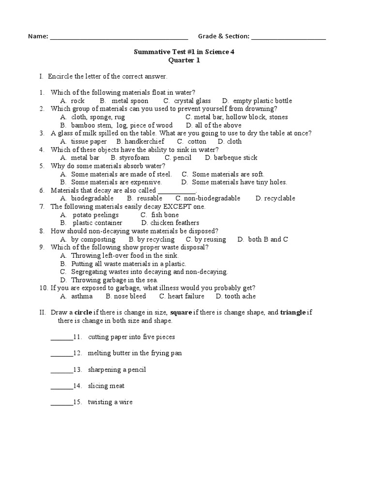 Summative Test #1 in Science 4 Quarter 1 | PDF | Plastic | Waste