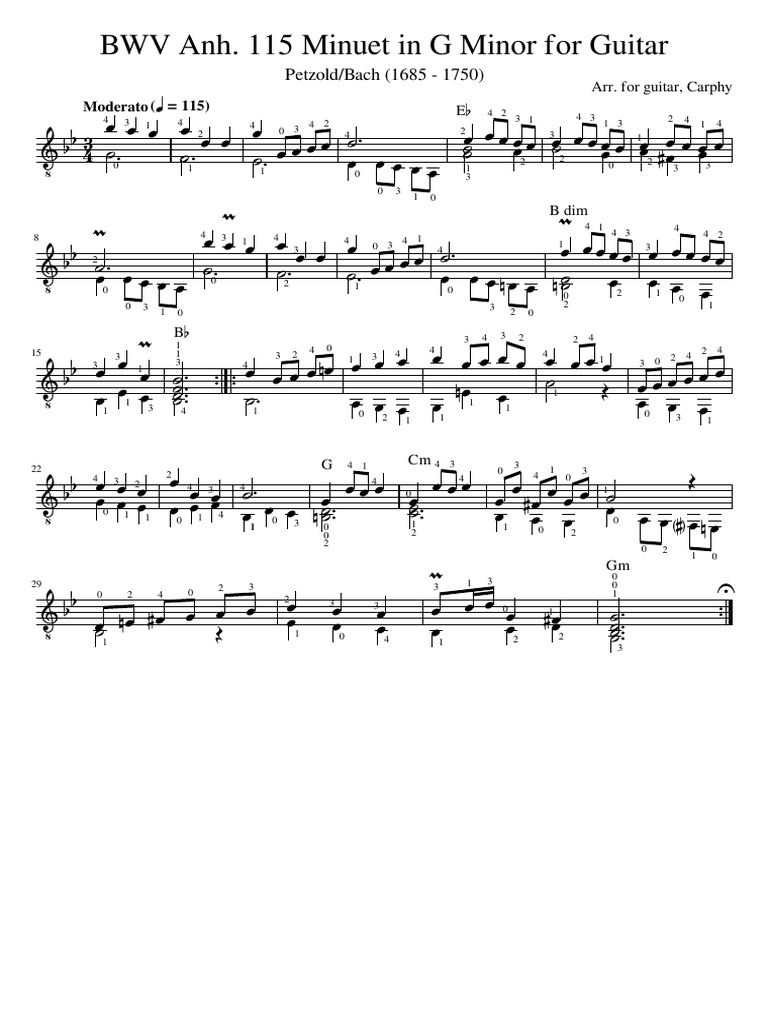 BWV Anh. 115 Minuet in G Minor For Guitar: Petzold/Bach (1685 - 1750) | PDF | Classical Music ...