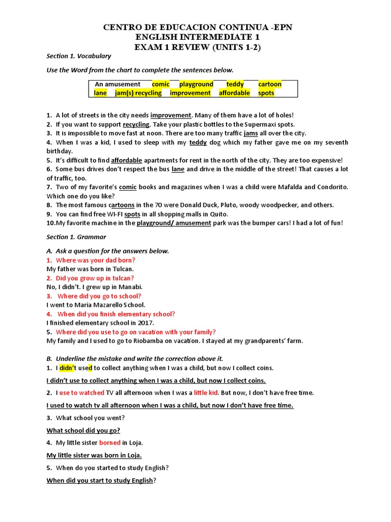 Intermediate 1 - Review Units 1-2 | PDF
