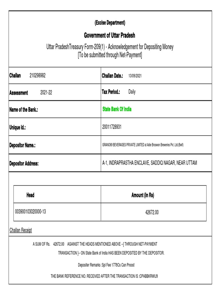 Uttar Pradeshtreasury Form-209 (1) - Acknowledgement For Depositing ...
