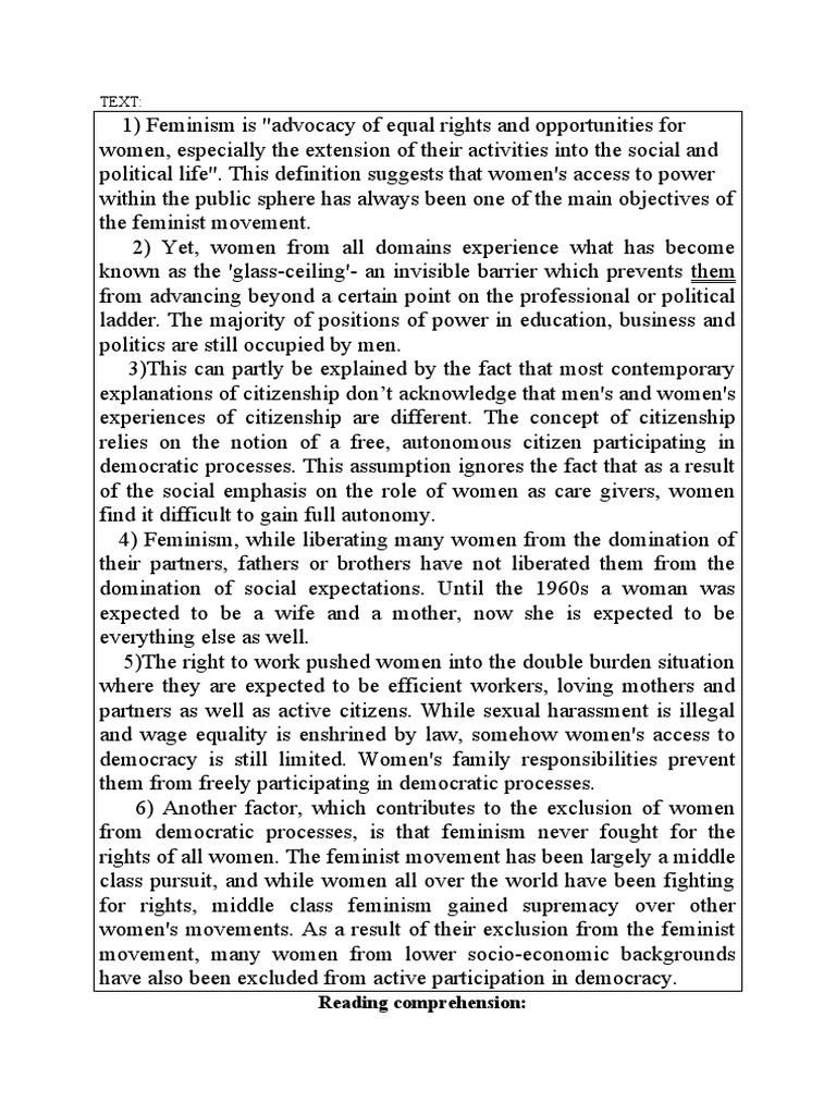 Text:: Reading Comprehension | PDF | Woman | Gender Studies