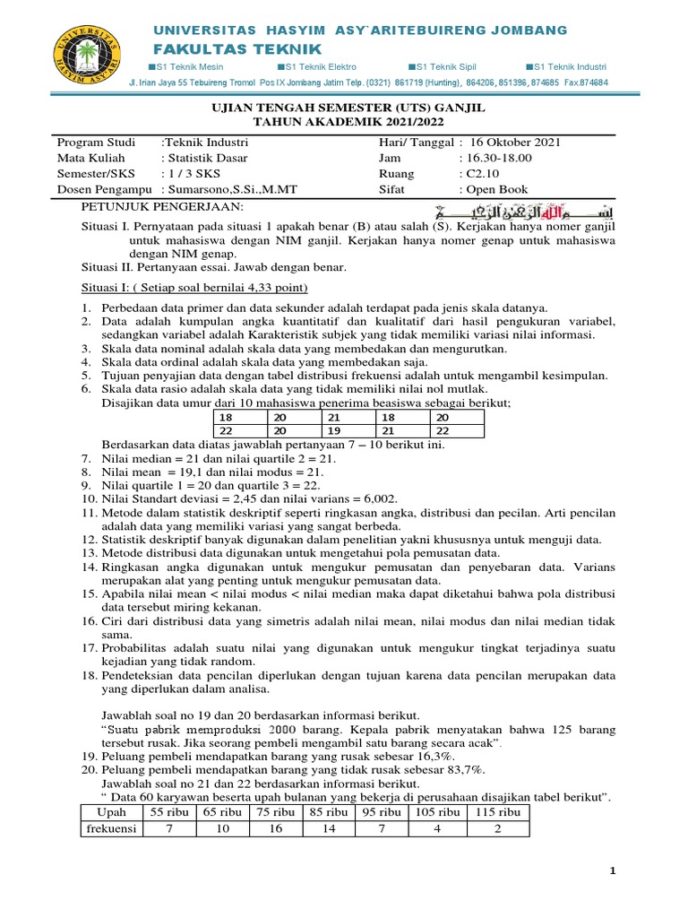 Soal UTS Ganjil Statistik Industri I (2021-2022) - Sore | PDF | Metode & Bahan Ajar