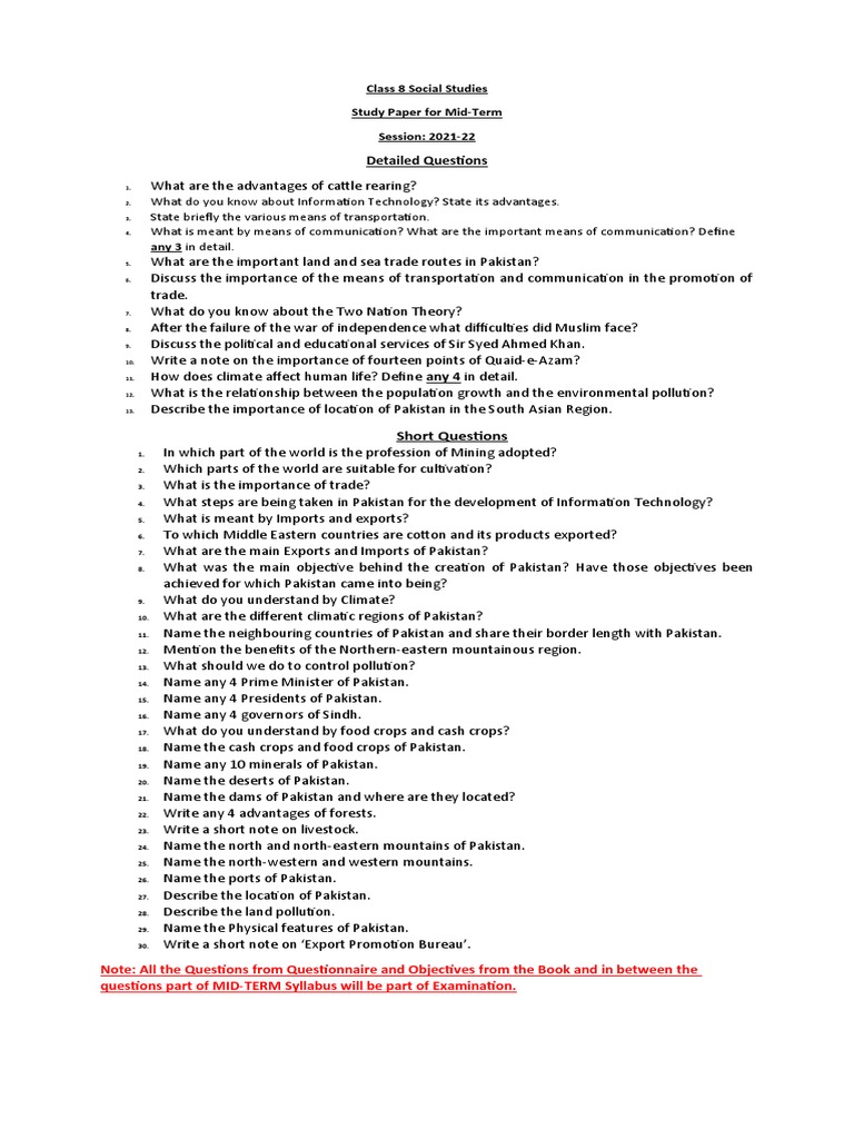 Questionnaire of Class 8 Social Studies | PDF | Pakistan | Natural ...