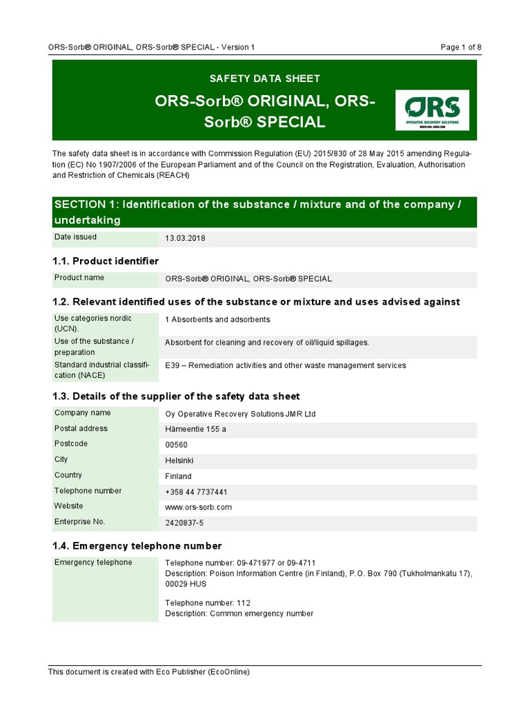 Ors-Sorb® Original, Ors-Sorb® Special | PDF | Toxicity | Chemistry