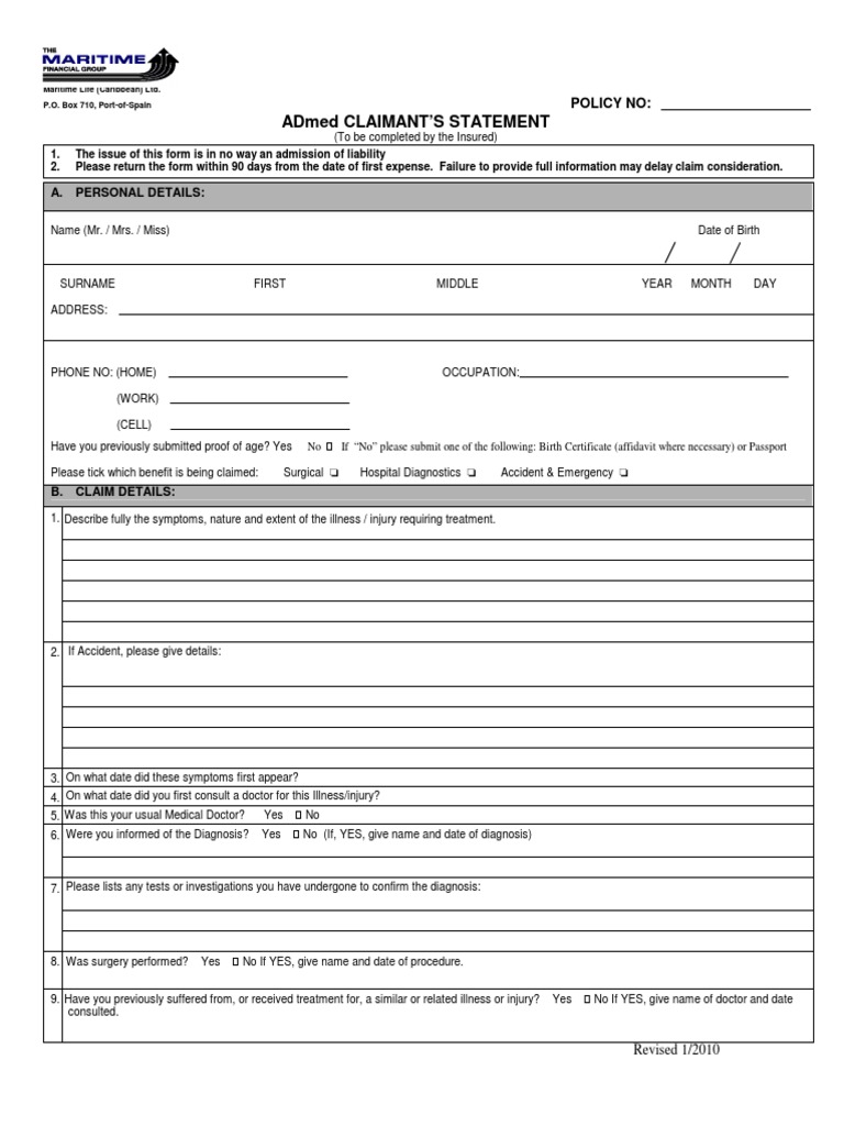 ADmed Claimant Statement Form | PDF | Physician | Medicine