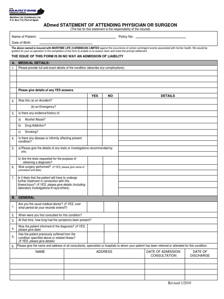 Admed Statement of Attending Physician or Surgeon | PDF | Medical ...