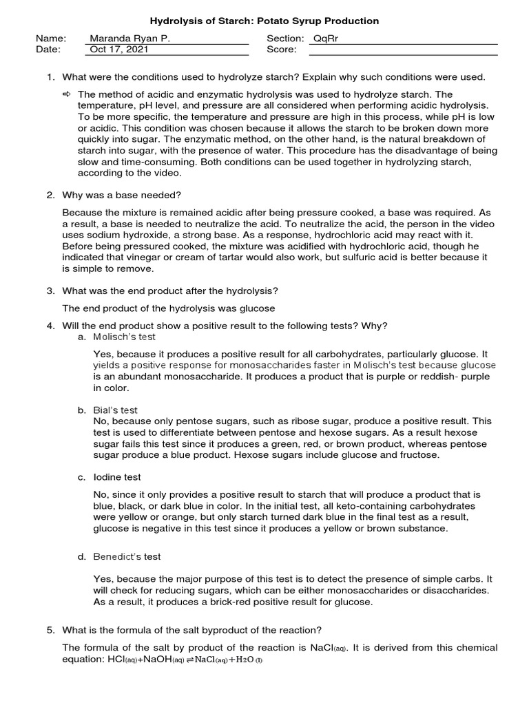 Ryan P. Maranda - Hydrolysis of Starch in Potato Syrup | PDF ...