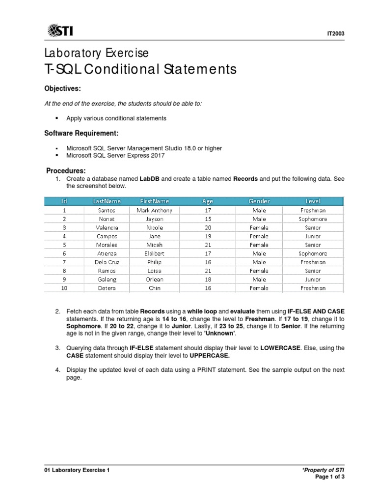 01 Laboratory Exercise 15 | PDF | Microsoft Sql Server | Sql
