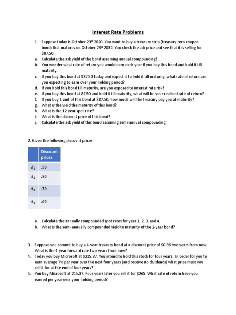 Interest Rate Problems: Discount Prices | PDF | Bonds (Finance) | Yield ...
