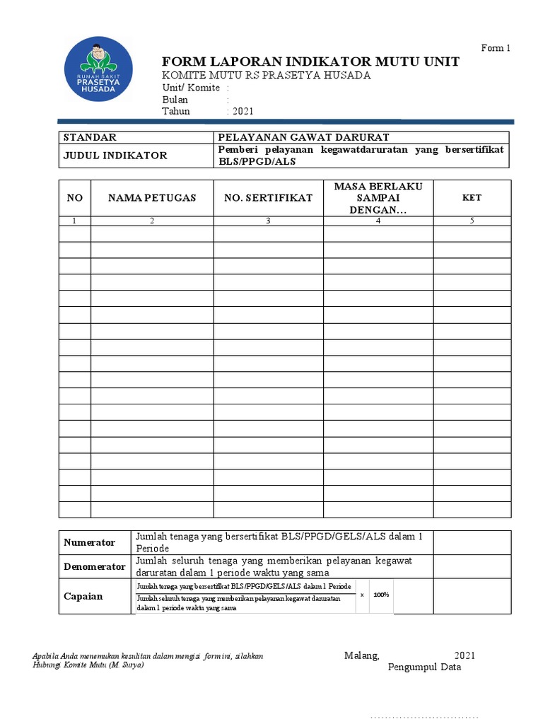 Form Laporan Indikator Mutu Unit | PDF