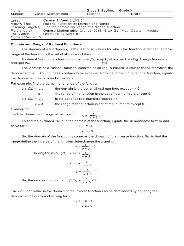 Domain and Range of Rational Functions | PDF | Function (Mathematics ...
