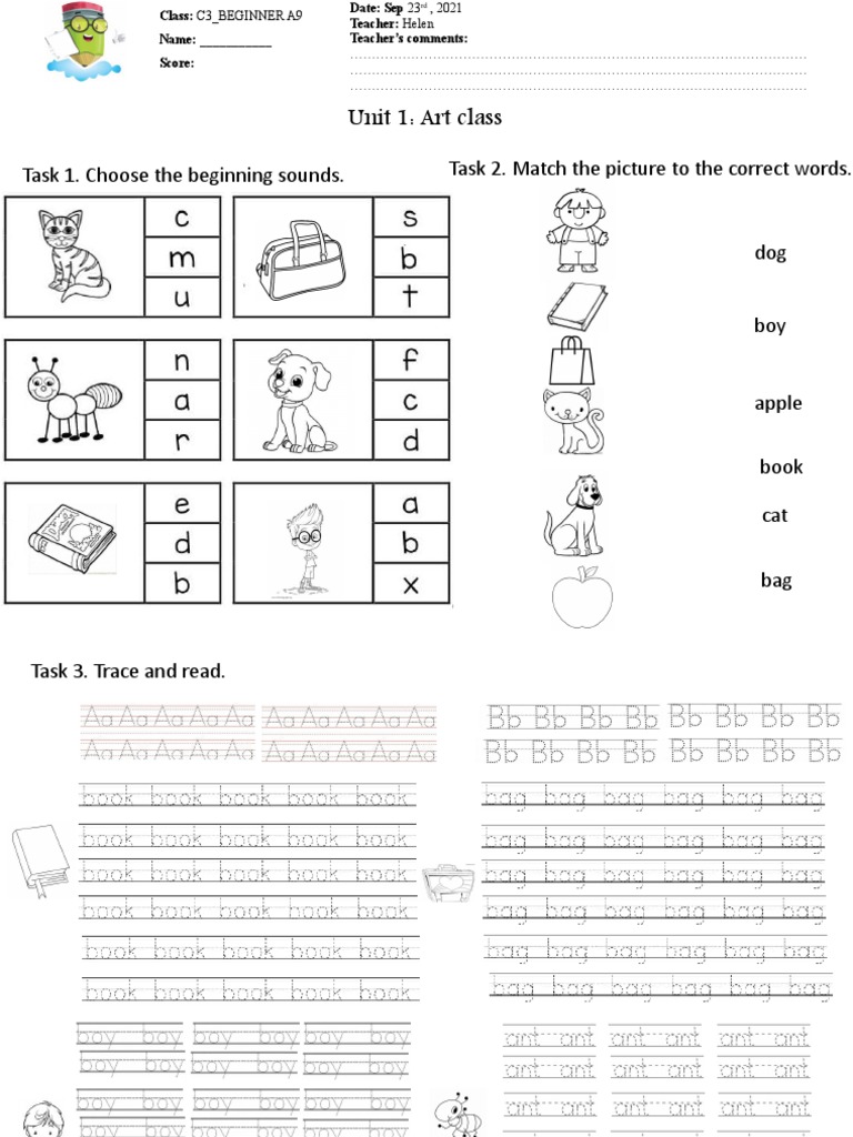 Unit 1: Art Class: Task 1. Choose The Beginning Sounds. Task 2. Match ...