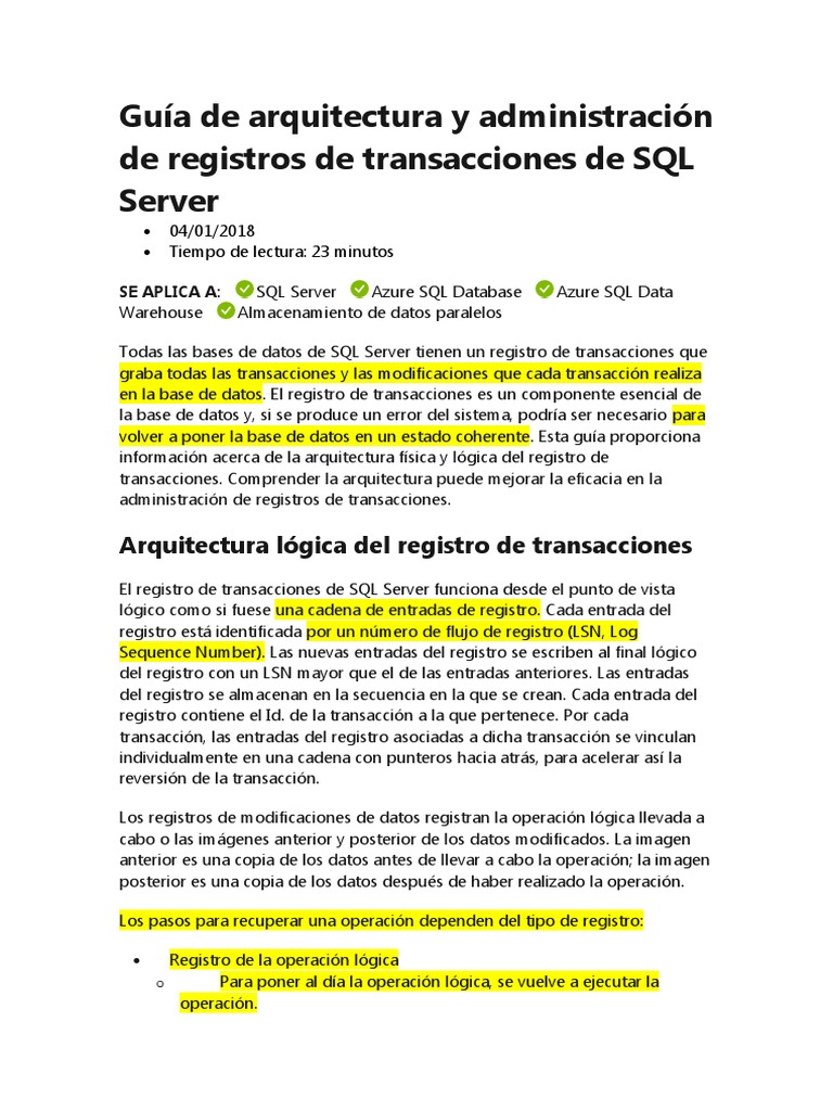 Registros de Transacciones de SQL Server | PDF | Servidor SQL de Microsoft | Apoyo