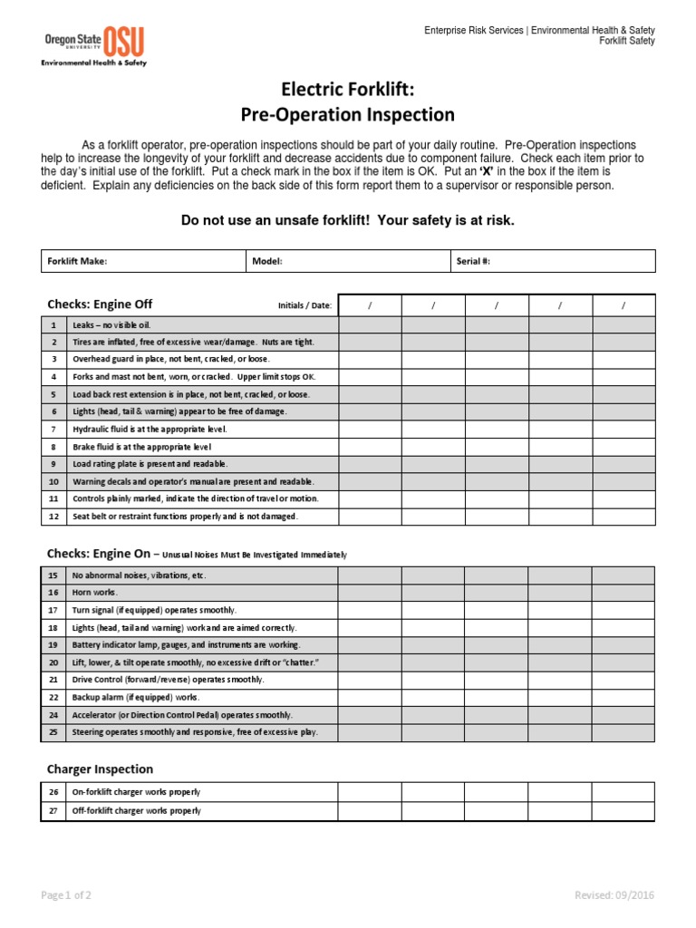 Forklift Daily Checklist Electric | PDF | Forklift | Battery Charger