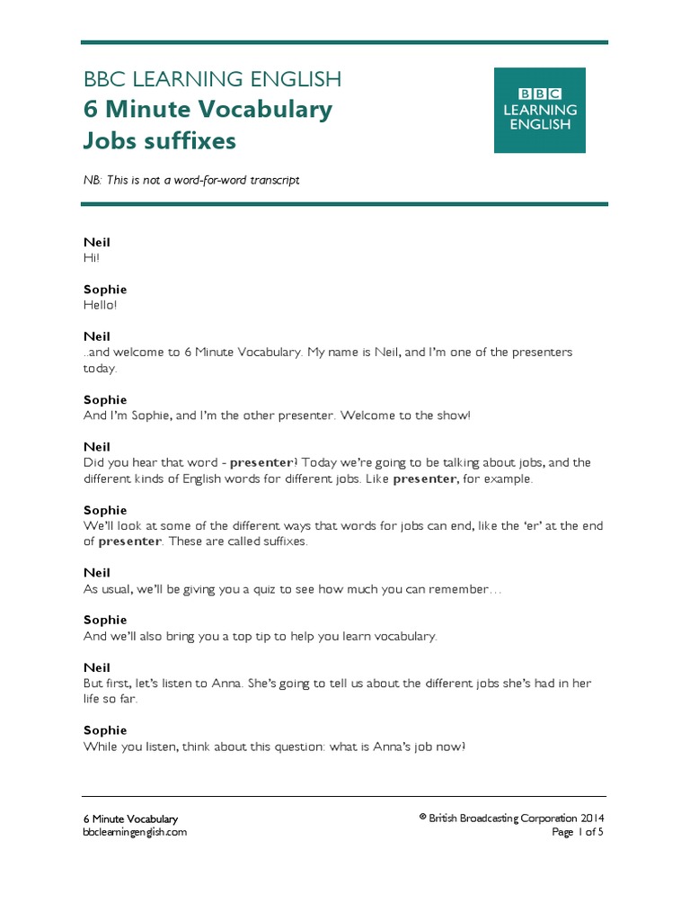 6 Minute Vocabulary Jobs Suffixes: BBC Learning English | PDF | Vocabulary