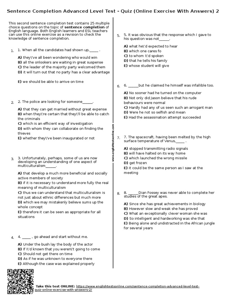370 - Sentence Completion Advanced Level Test Quiz Online Exercise With ...